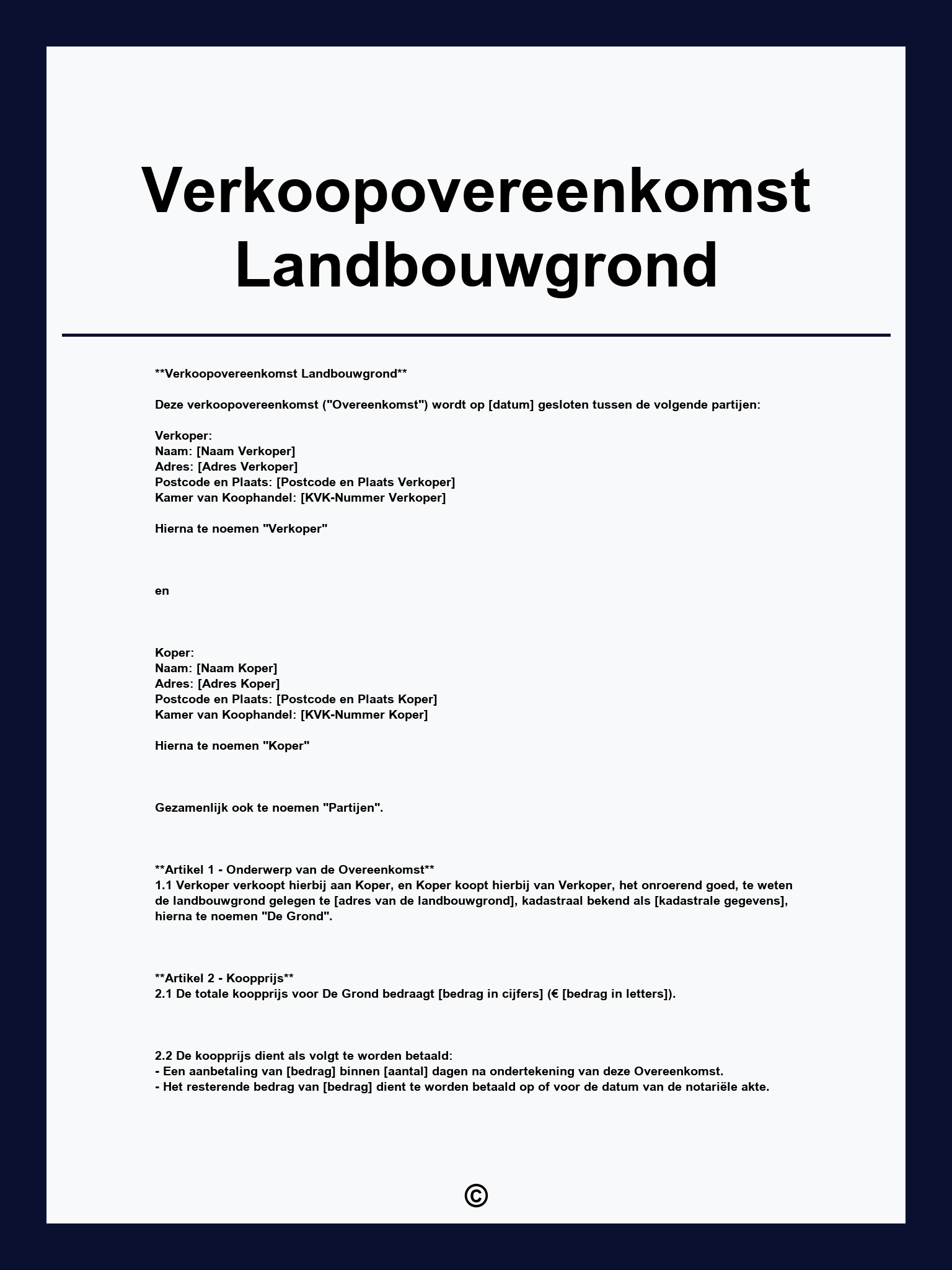 Verkoopovereenkomst Landbouwgrond - Voorbeeld